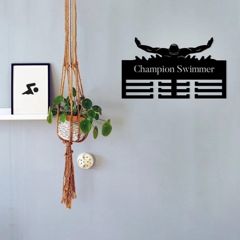 Champion Swimmer Medal Holder Display Wall Rack Frame With 12 Hooks for ...