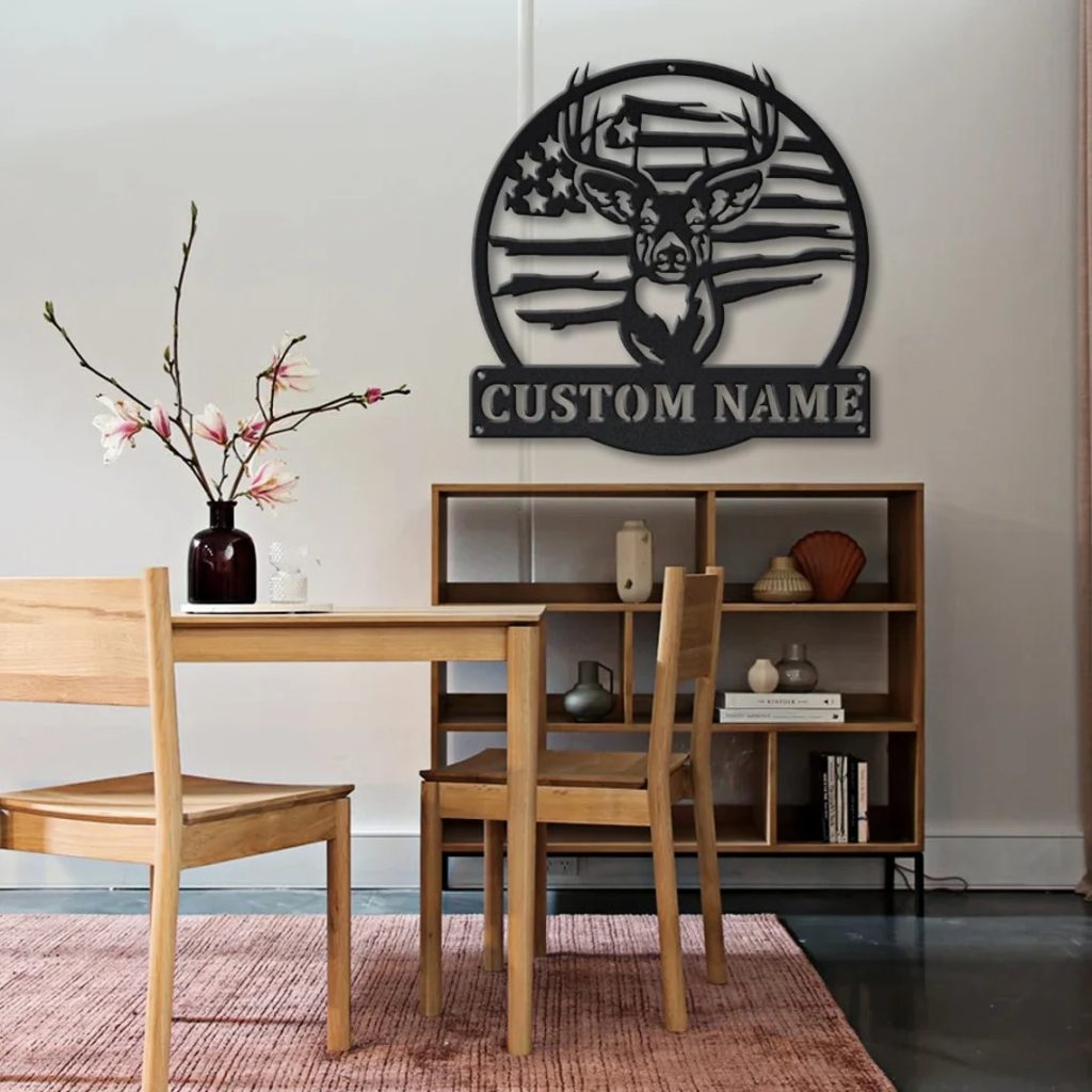 Personalized USA Flag Deer Hunting Metal Sign Deer Antler Wall Art Deer ...