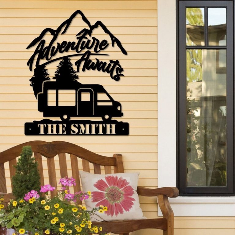 Adventure Awaits RV Camping Sign Personalized Metal Name Signs Mountain Campsite Home Decor ...