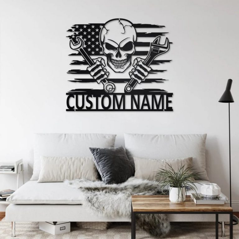 Custom US Skull Car Mechanic Sign Personalized Metal Name Signs Garage ...