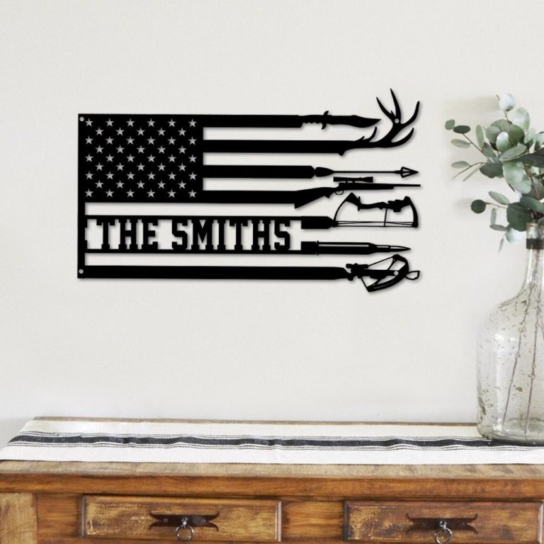 Hunting US Flag Metal Wall Art Personalized Metal Name Sign Deer ...
