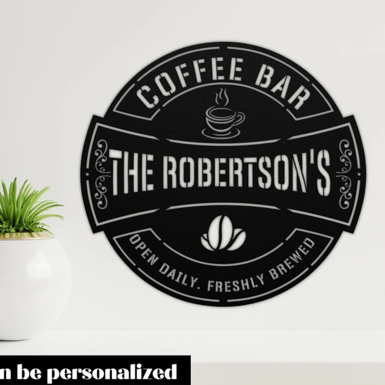 Coffee Bar Station Personalized Round Metal Sign Custom Last Name Sign ...