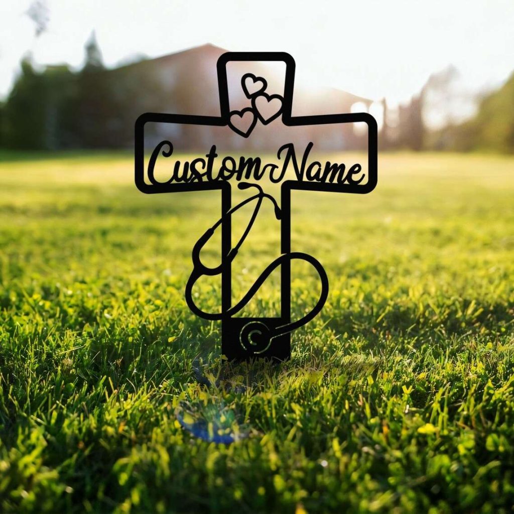Personalized Doctor Nurse Memorial Cross Sign Yard Stakes Stethoscope ...
